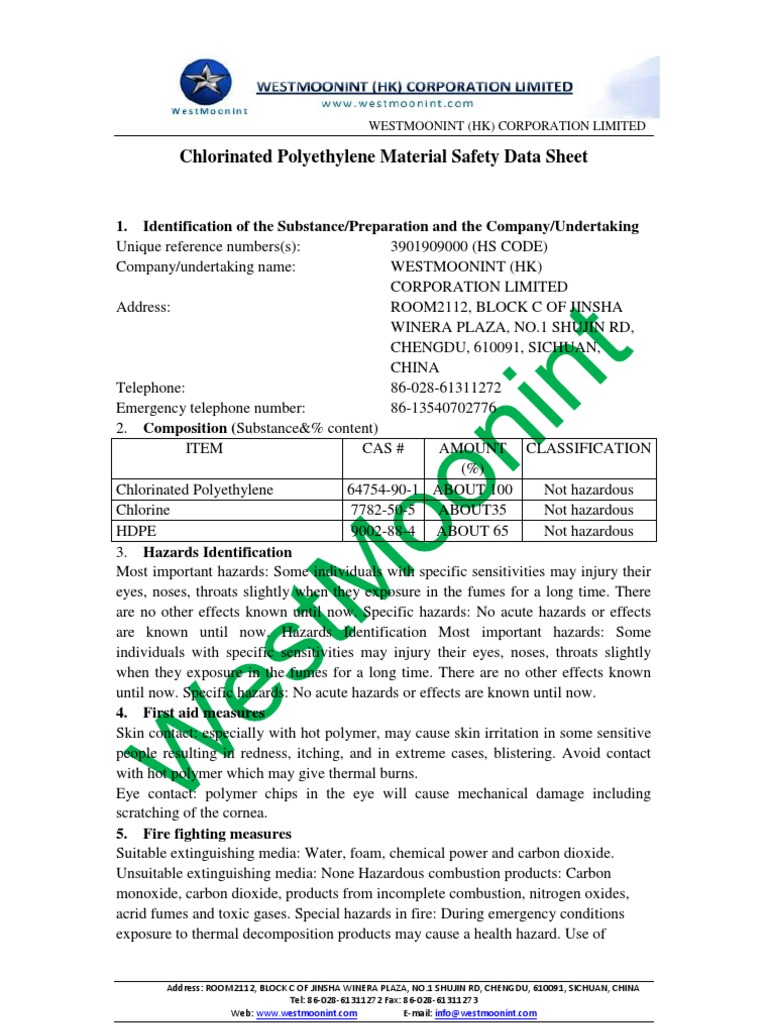 Chlorinated Polyethylene Material Safety Data Sheet | PDF | Dangerous ...