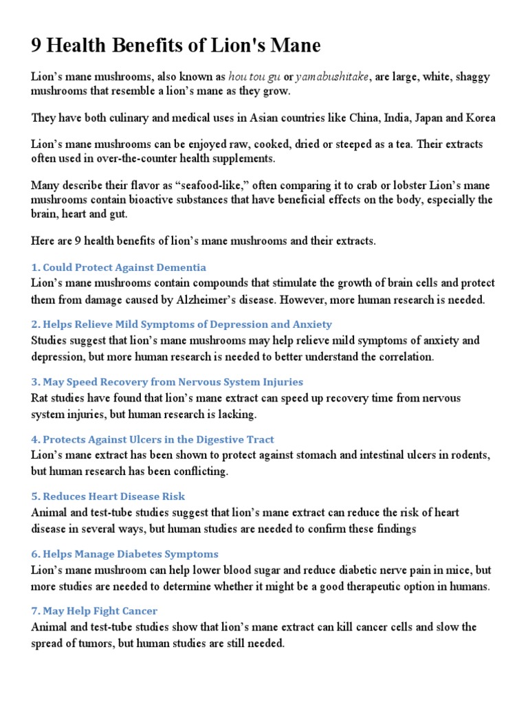 9 Health Benefits of Lion Mane | PDF | Gastrointestinal Tract | Allergy