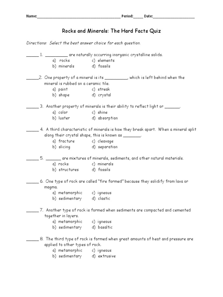 Rocks and Minerals Quiz for Students | PDF | Social Science | Science ...