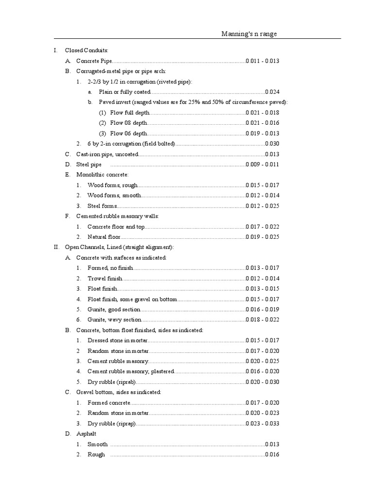 Manning's Coefficients for Various Pipes | PDF | Concrete | Masonry