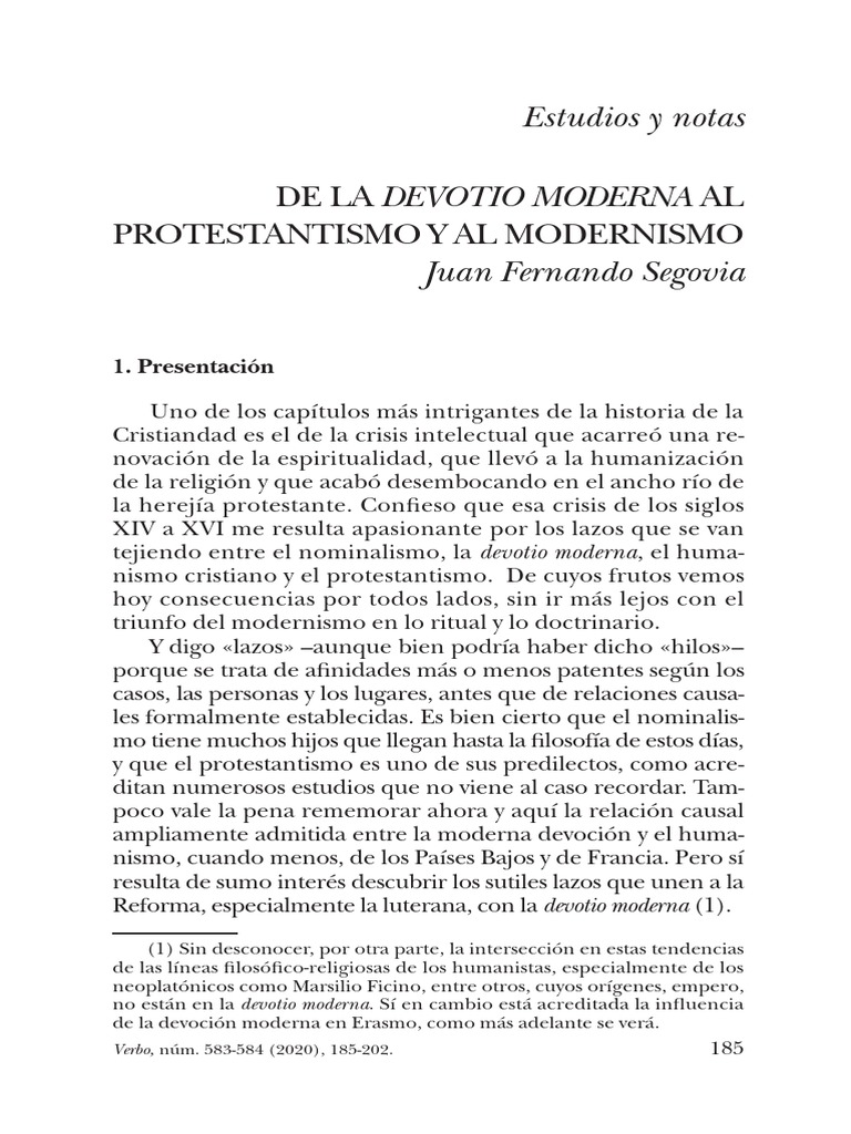 De La Devotio Moderna Al Protestantismo y Al Modernismo - Juan Fernando ...