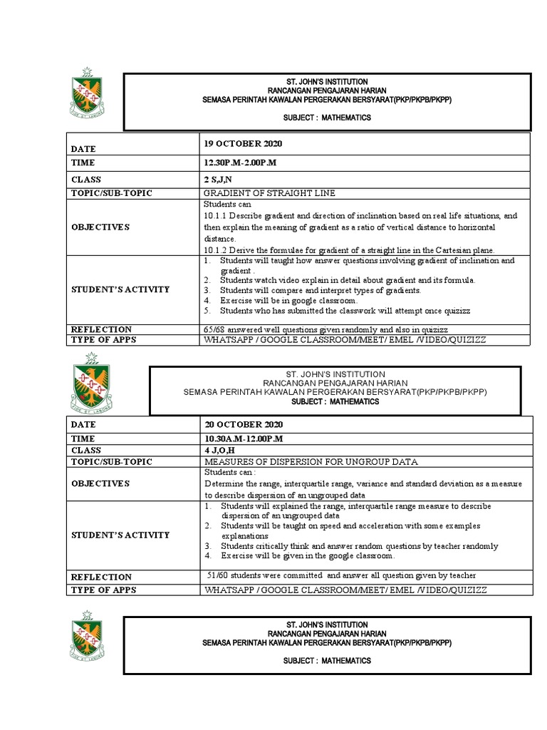 Contoh RPH PDPR | PDF | Statistical Dispersion | Teaching Mathematics