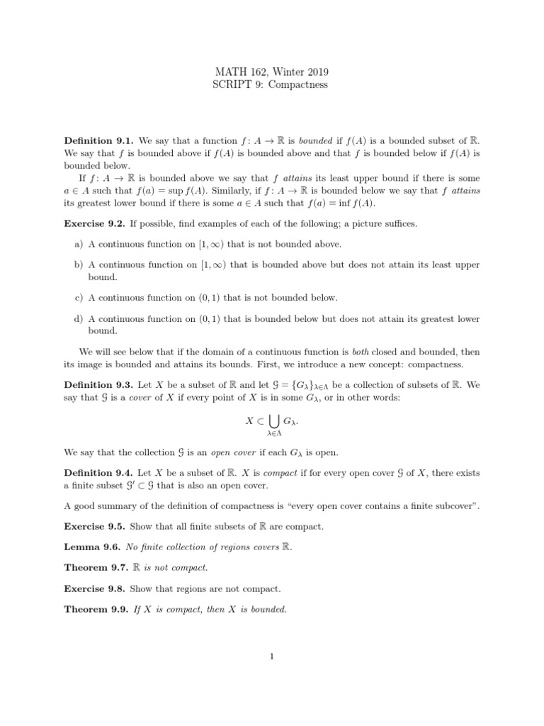 MATH 162, Winter 2019 SCRIPT 9: Compactness | PDF | Compact Space | Continuous Function