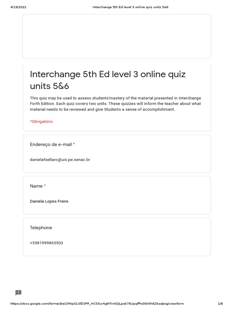 Interchange 5th Ed Level 3 Quiz Units 5-6 | PDF | Quiz