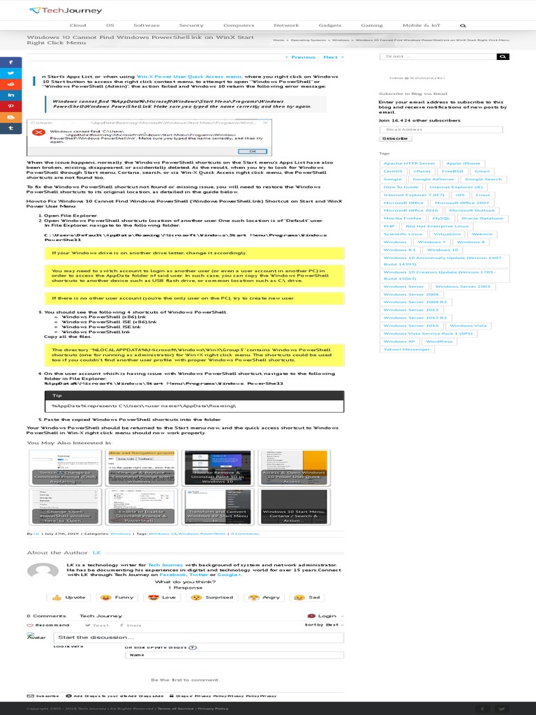 Windows 10 Cannot Find Windows PowerShell - LNK On WinX Start Right Click Menu - Tech Journey ...