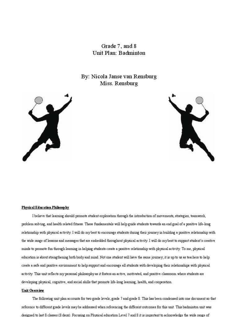 Grade 7, and 8 Unit Plan: Badminton | PDF | Physical Education | Human ...