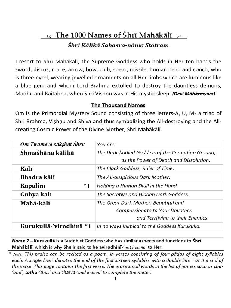 1000 Names of Mahākālī Explained | PDF | Kali | Devi