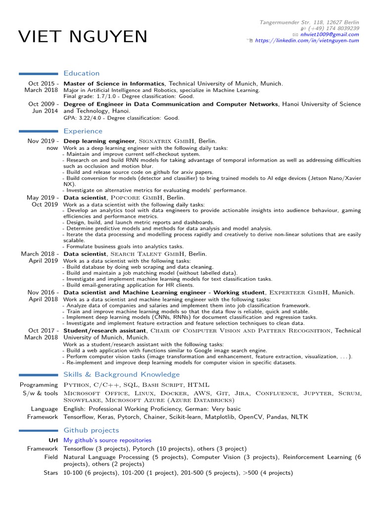 Deep Learning Engineer Resume - Over 5 Years Experience in AI | PDF ...