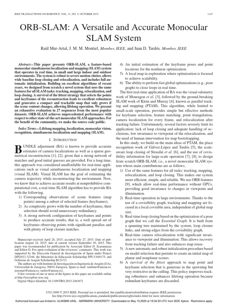 ORB-SLAM: A Versatile and Accurate Monocular SLAM System | PDF | Teaching Mathematics ...