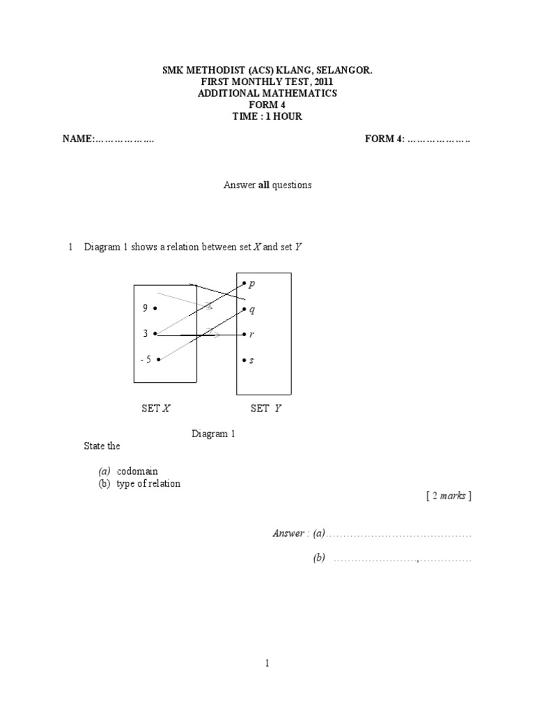 FORM 4 Add Maths 2011 1ST EXAM | PDF | Function (Mathematics ...