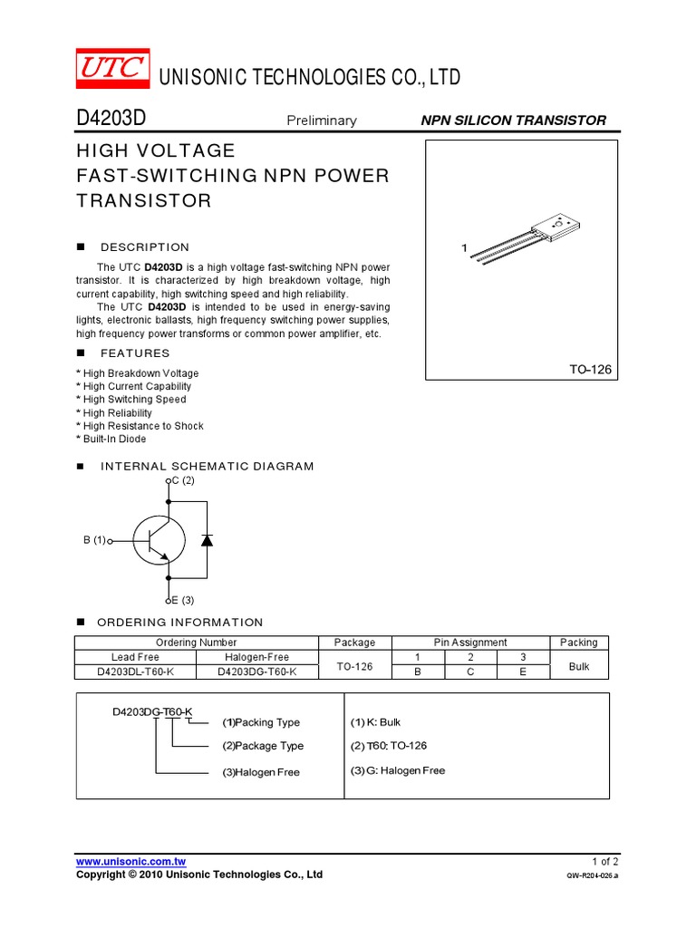Unisonic Technologies Co., LTD: High Voltage Fast-Switching NPN Power ...