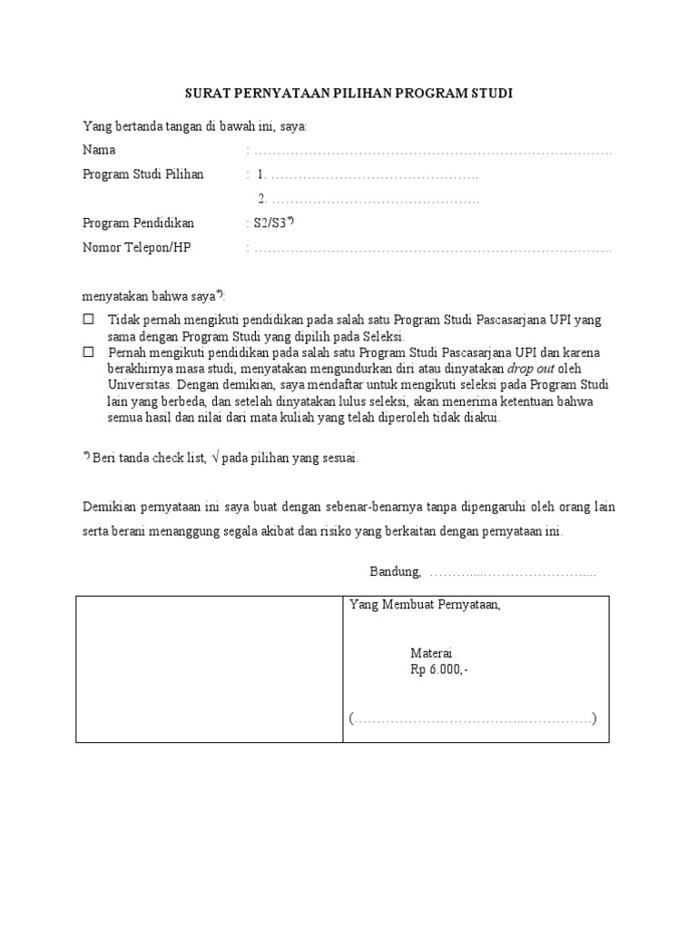 Surat Pernyataan Pilihan PS Maru Pascasarjana UPI Ganjil 2021 | PDF