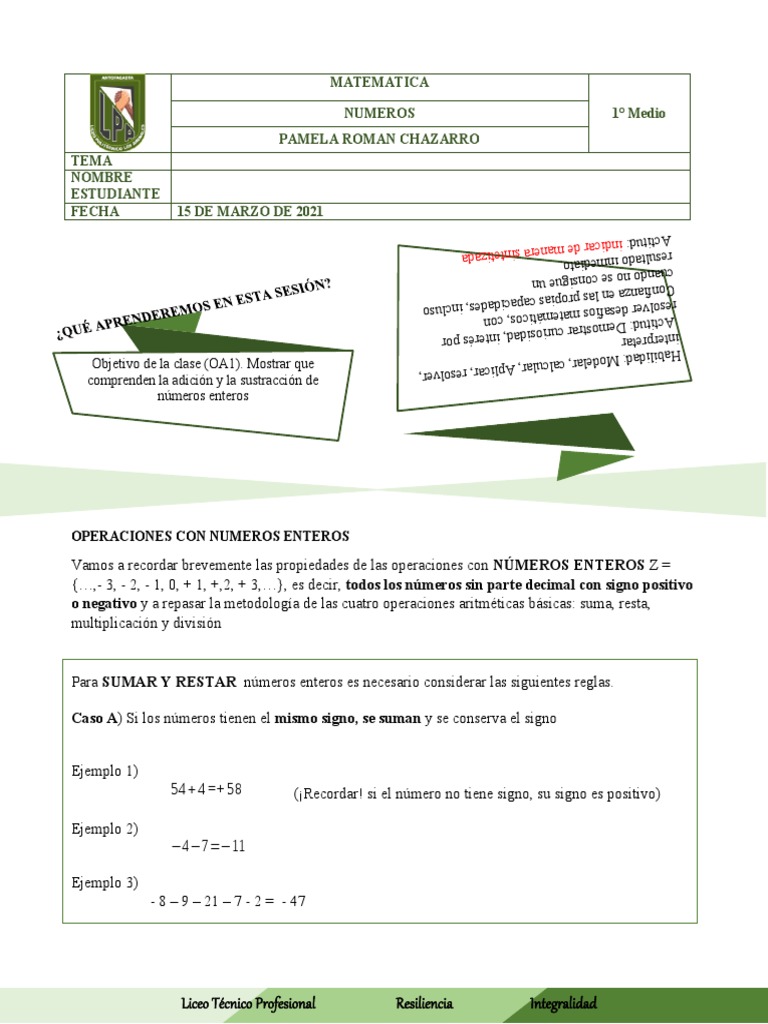 Suma y Resta de Numeros Enteros | PDF | Entero | Sustracción