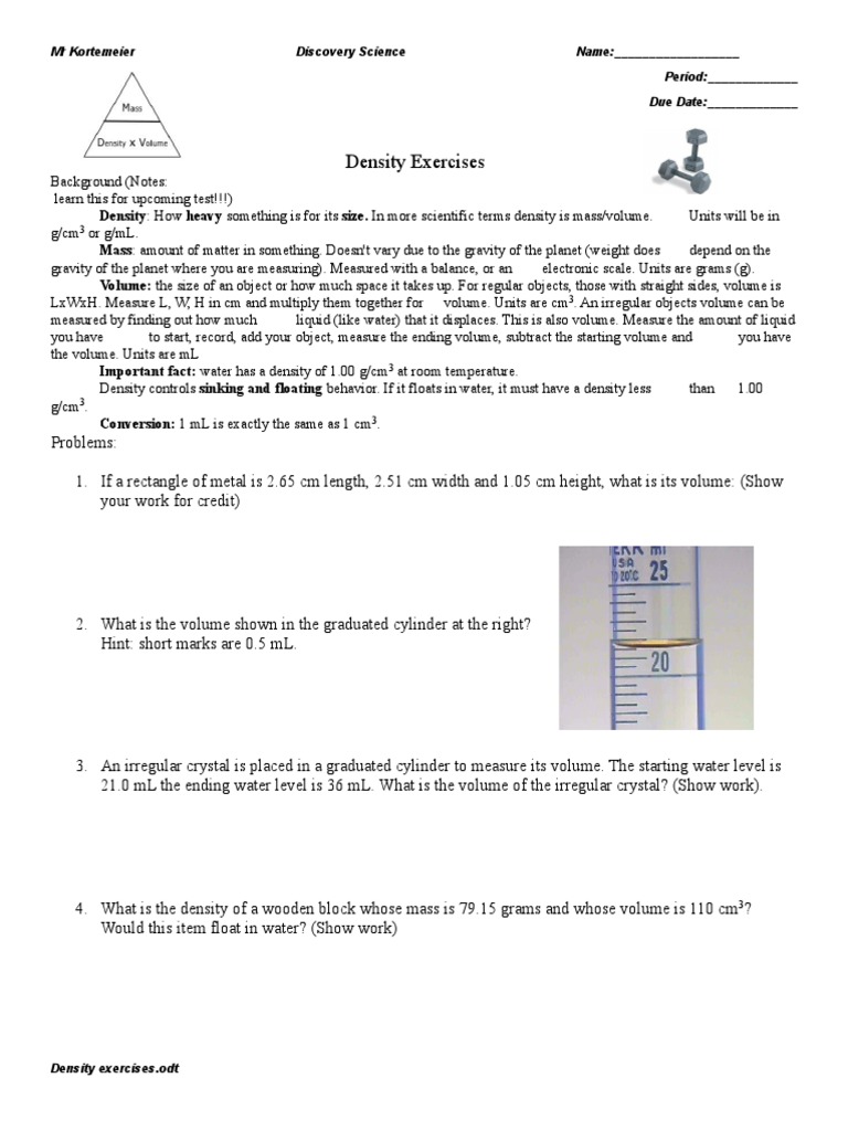Density Exercises | PDF | Density | Volume