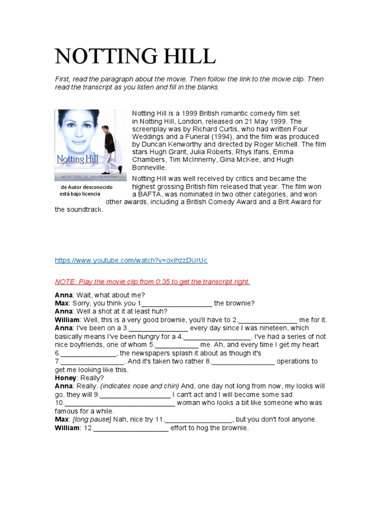 Notting Hill movie summary and transcript (38 characters | PDF