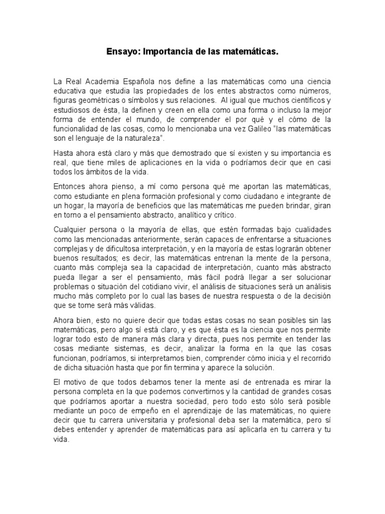 Ensayo Importancia de Las Matematicas | PDF | Enseñanza de matemática ... Ensayo Importancia de Las Matematicas | PDF | Enseñanza de matemática ...