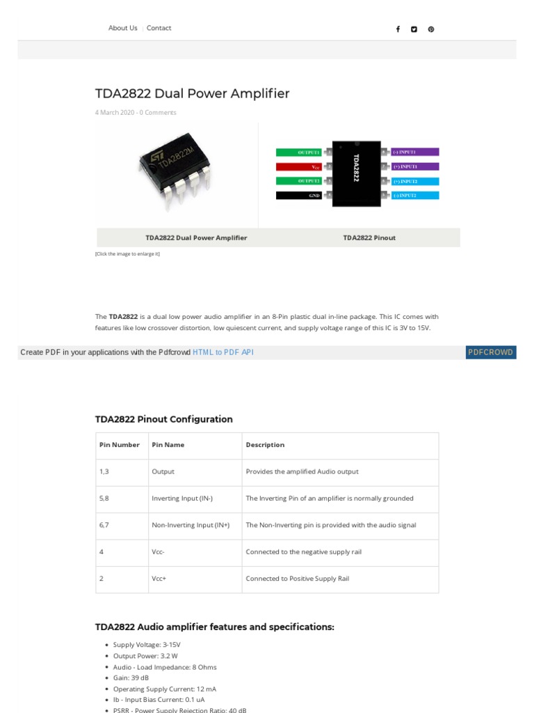 Components101 Com Ics Tda2822 Dual Power Amplifier | PDF ...