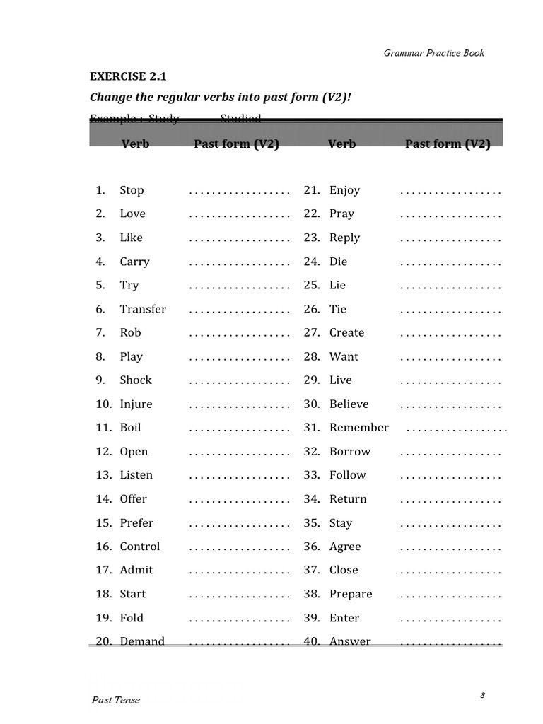 Change The Regular Verbs Into Past Form (V2) !: Exercise 2.1 | PDF ...