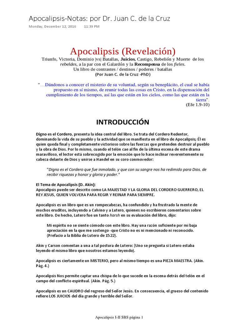 Apocalipsis-Notas Por Dr. Juan C. de La Cruz | PDF | Libro de ...