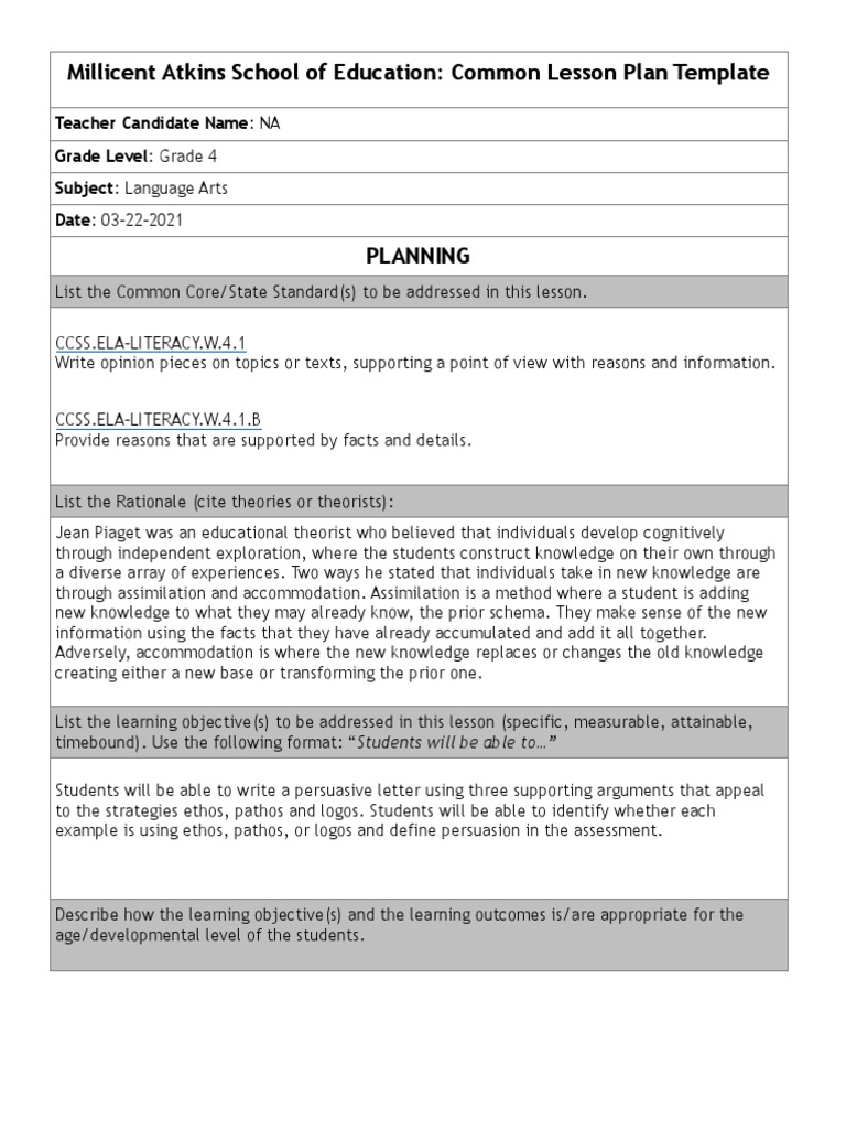 Millicent Atkins School of Education: Common Lesson Plan Template | PDF ...