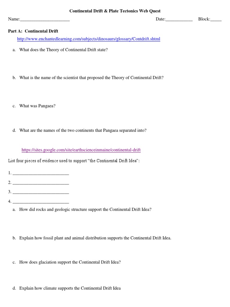 Continental Drift & Plate Tectonics Web Quest-1 | Download Free PDF ...