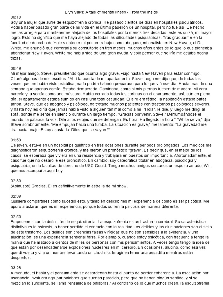 Elyn Saks - A Tale of Mental Ilness - From The Inside (Español) | PDF ...