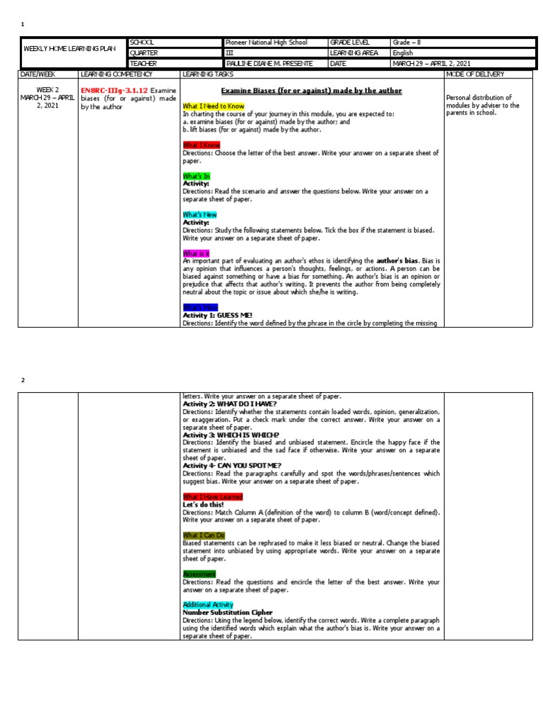 Examining Author Bias in English 8 | PDF | Bias | Word