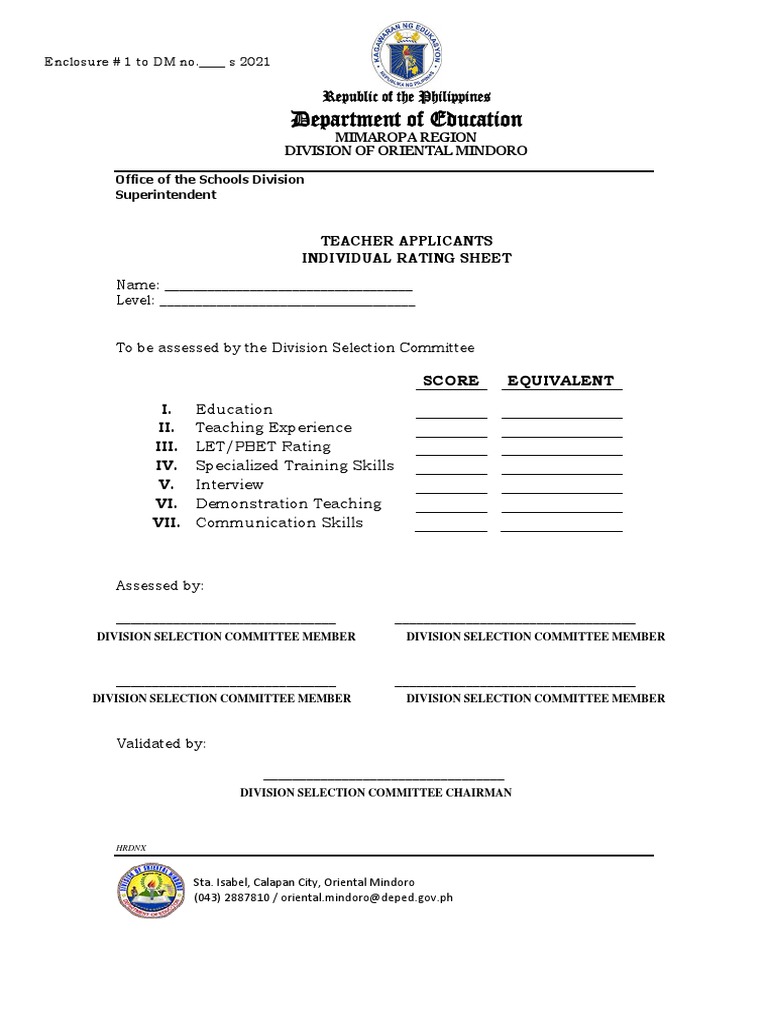 Teacher Applicants Individual Rating Sheet 1 | PDF | Human Nature ...