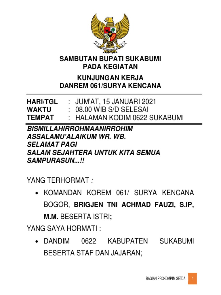 Sambutan Kunker Danrem 061 SK | PDF