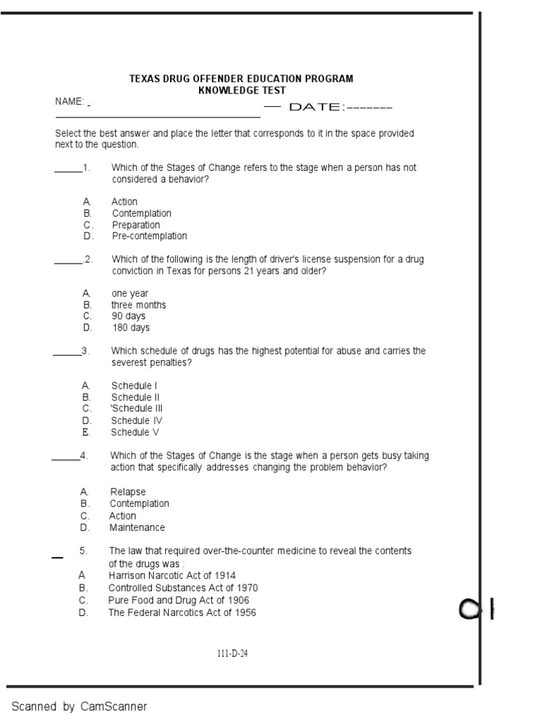 Texas Drug Offender Education Program Knowledge Test: Scanned by ...