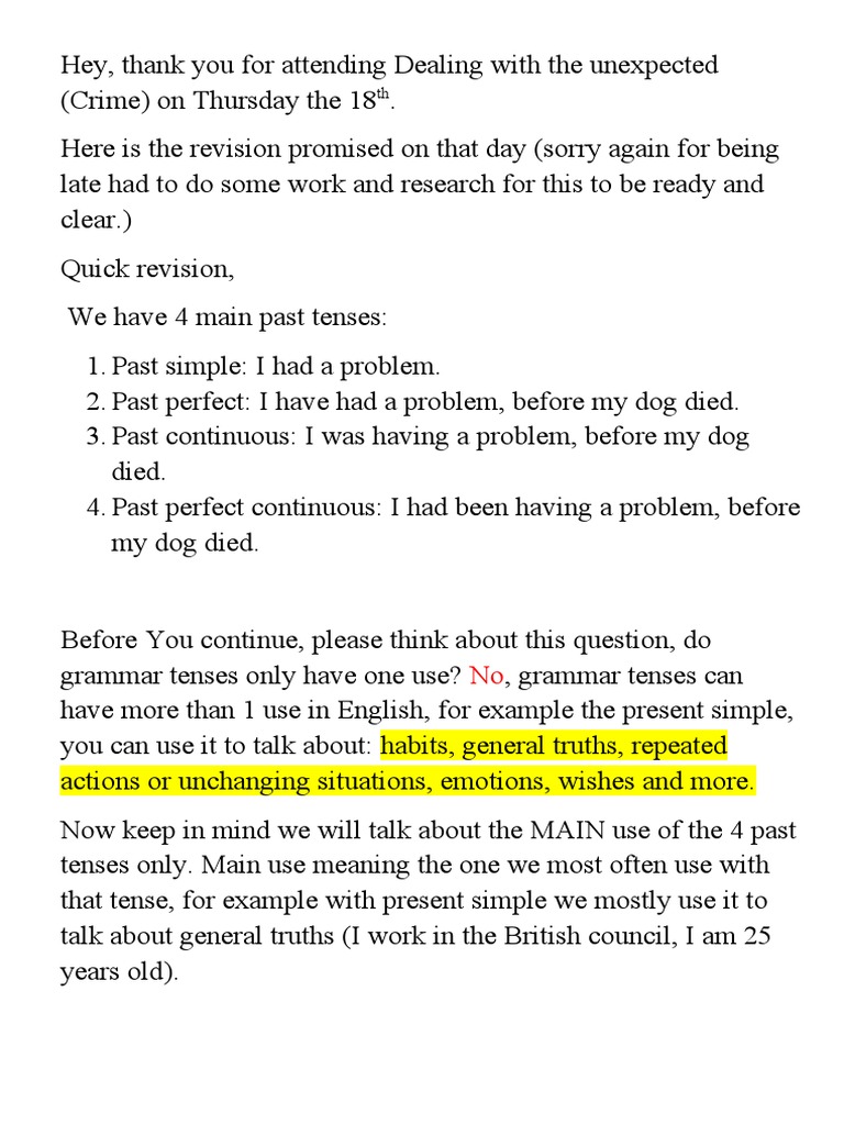 Past Tenses Revision Guide | PDF | Grammatical Tense | Grammar