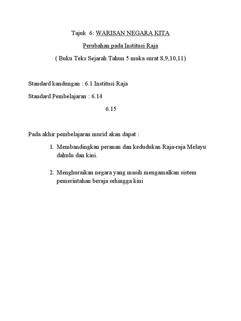 Sejarah Tahun 5 Perubahan Institusi Raja | PDF