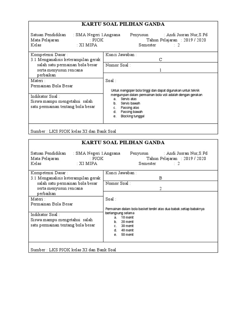 Kartu Soal Pilgan 2020 Pjok | PDF