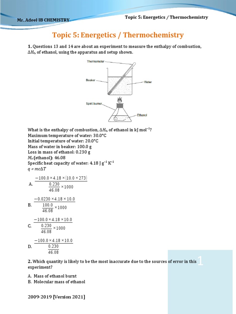 Topic 5 Energetics-Thermochemistry MCQs | PDF | Enthalpy | Chemical ...