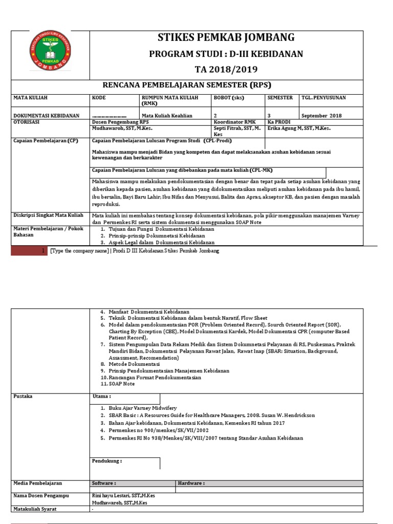 RPS Dokumentasi Kebidanan | PDF
