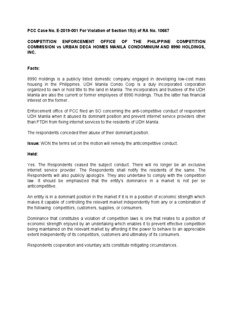 PCC Case No. E-2019-001 For Violation of Section 15 (I) of RA No. 10667 | PDF