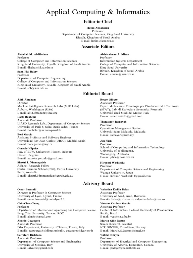 Applied Computing & Informatics: Editor-in-Chief | PDF | Science And ...