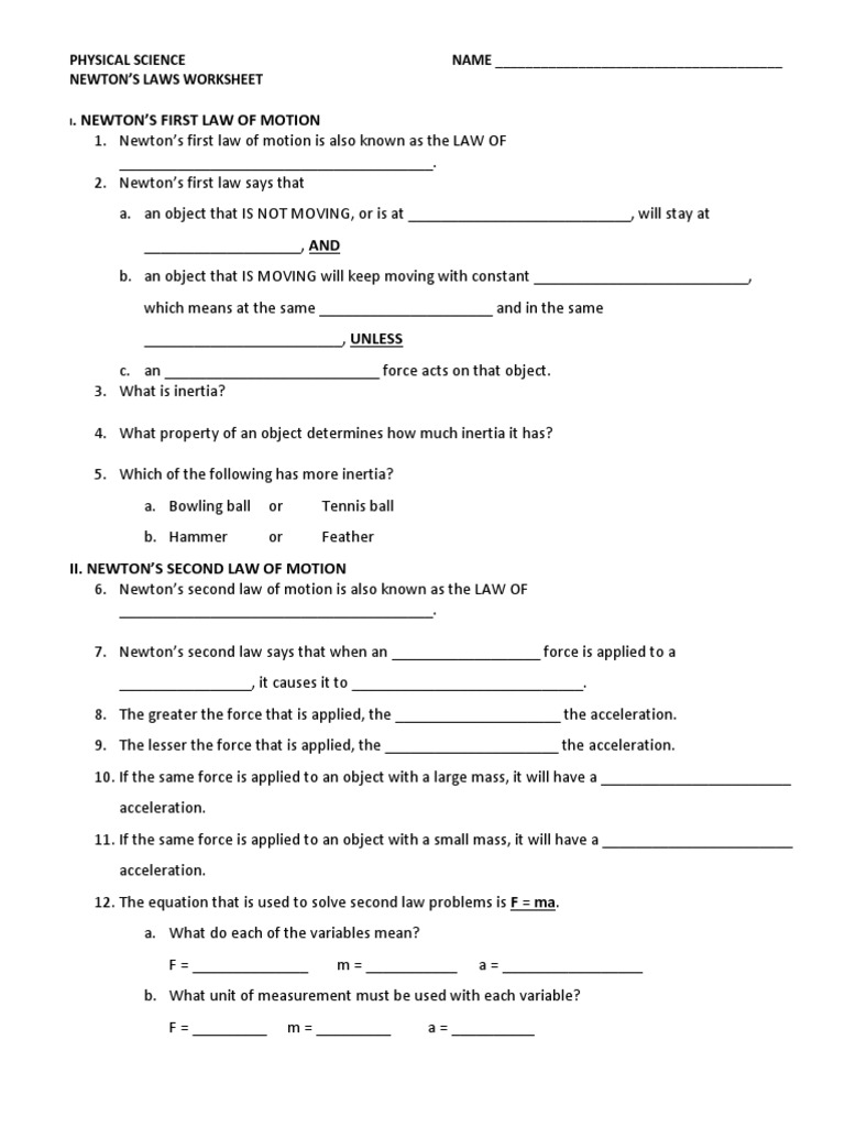 Newton - S Laws Worksheet | PDF | Newton's Laws Of Motion | Inertia