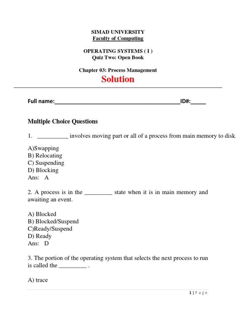 Chapter3operating System Quiz With Answers Pdf Process Computing Network Socket