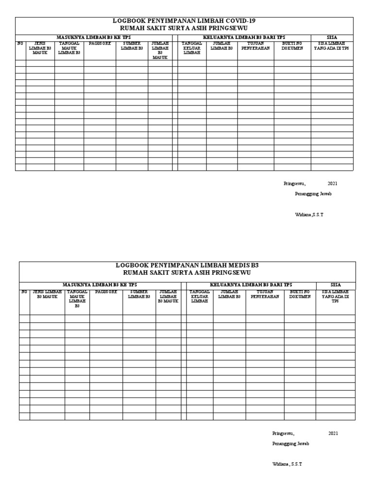 Contoh Logbook Penyimpanan Limbah B3 Rumah Sakit | PDF