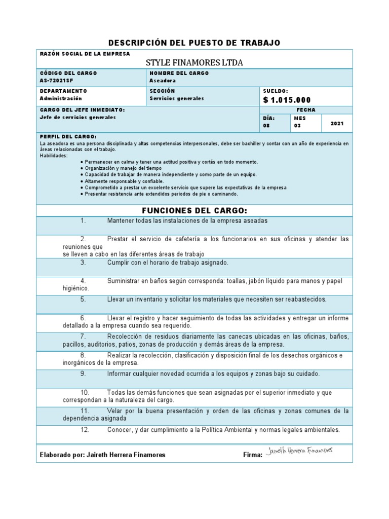 Descripción Del Puesto Aseadora | PDF | Empresas | Business