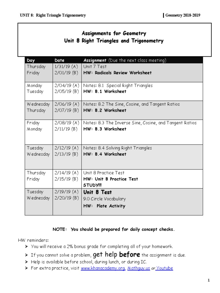 Geom Unit 8 Teacher Notes 2019 | PDF | Trigonometric Functions | Sine