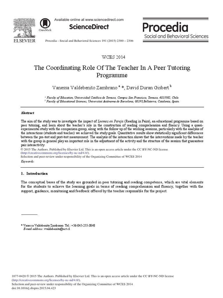 The Coordinating Role of The Teacher in A Peer Tutoring Programme | PDF ...