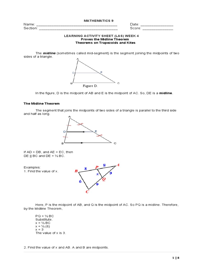 MATHEMATICS 9 MIDLINE THEOREM AND TRAPEZOID THEOREMS | PDF | Triangle ...