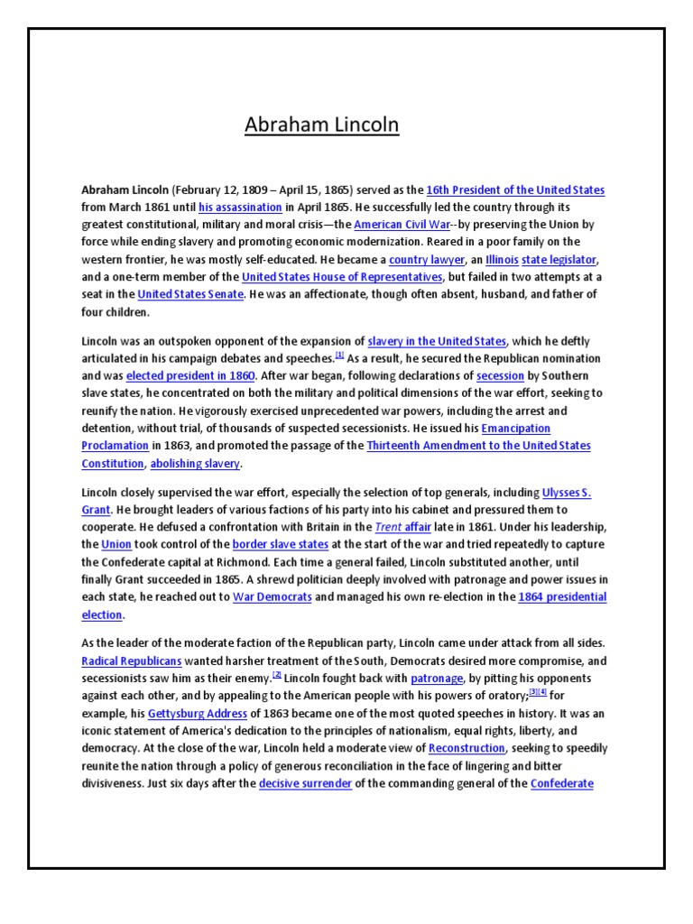 Abraham Lincoln: 16th U.S. President | PDF | Travel