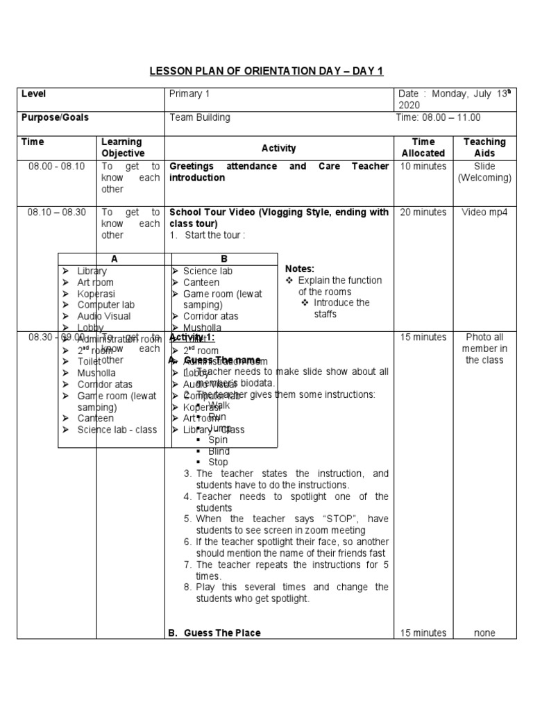 Lesson Plan For Orientation Day P1-P2 | PDF | Lesson Plan | Teachers