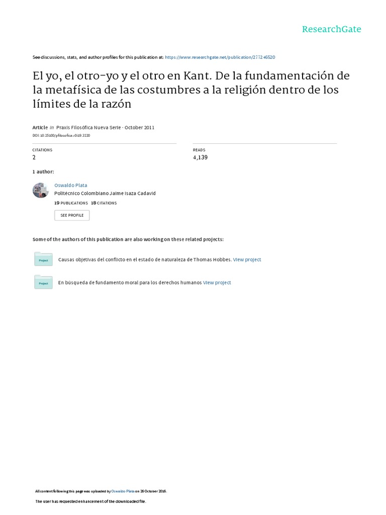 El Yo El Otro-Yo y El Otro en Kant de La Fundament | PDF | Immanuel Kant | Moralidad