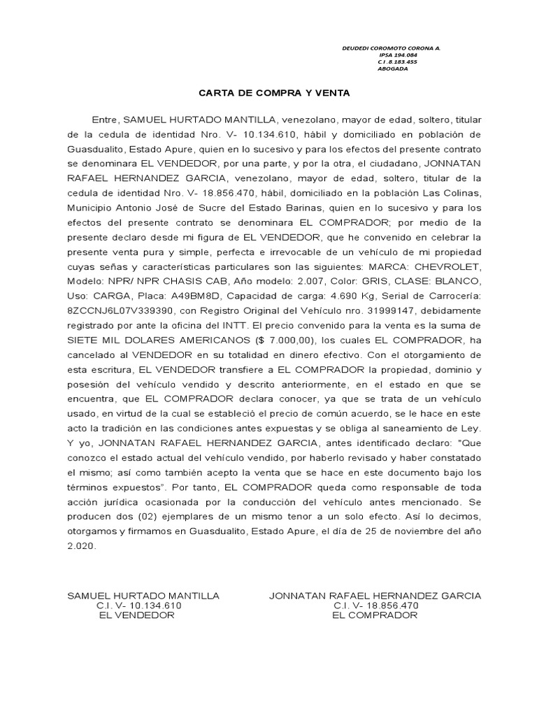 Carta de Compra y Venta de Vehiculo | Descargar gratis PDF | Business