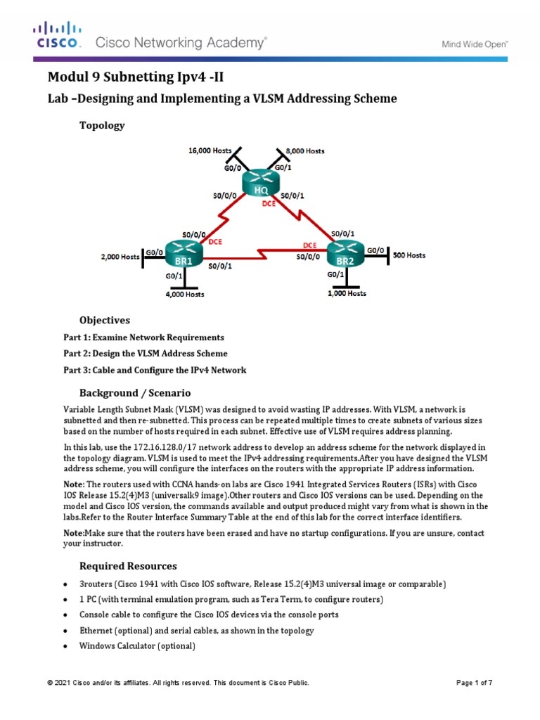 Modul 9 Subnetting Ipv4 - II: Lab - Designing and Implementing A VLSM Addressing Scheme | PDF ...
