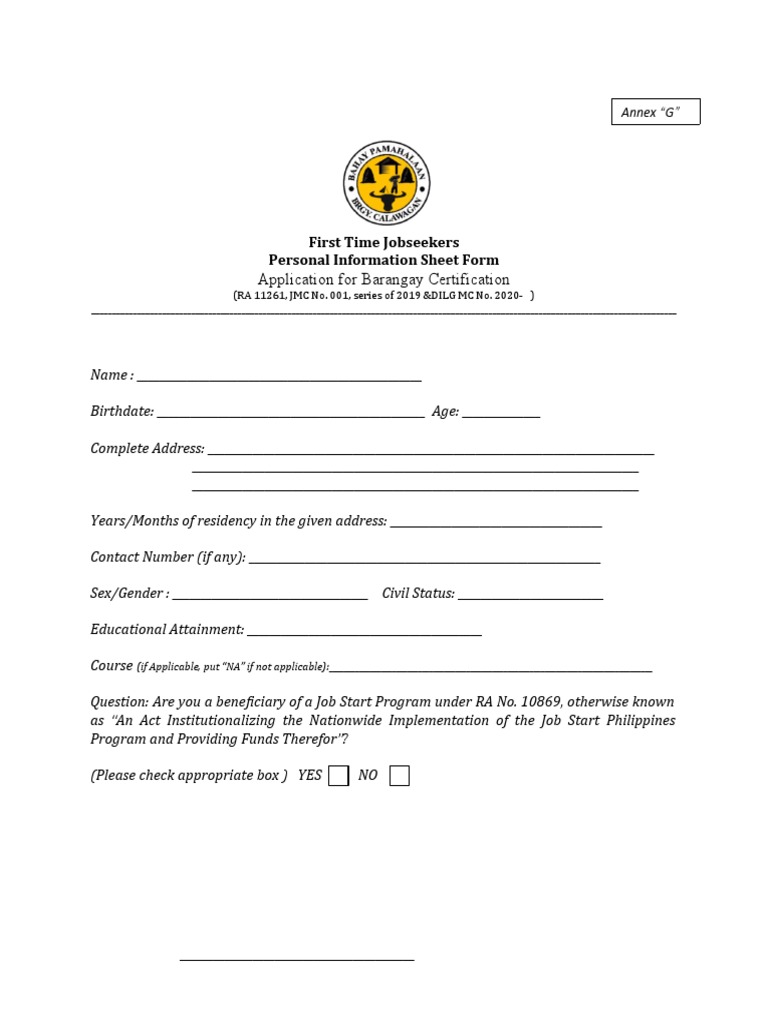 Application For Barangay Certification: First Time Jobseekers Personal ...